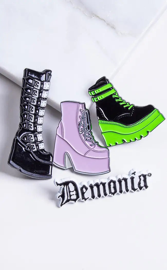 Demonia Enamel Pin Pack | Swing 815 Platfom Boots | Gothic Accessories