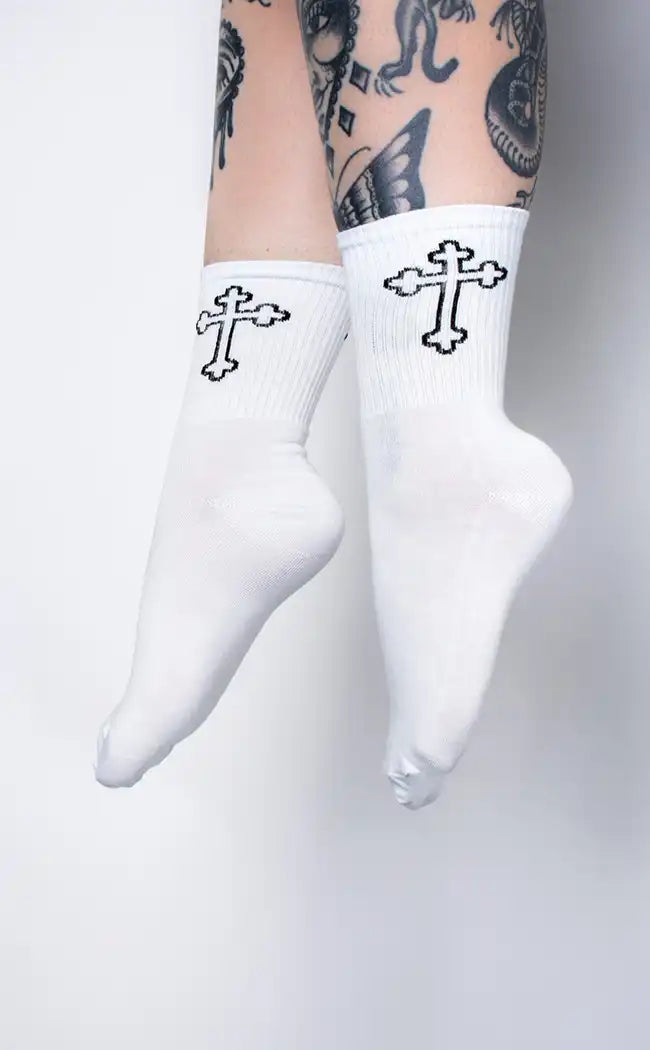 Holy Hell White Cross Cross Crew Socks | Gothic Hosiery Australia
