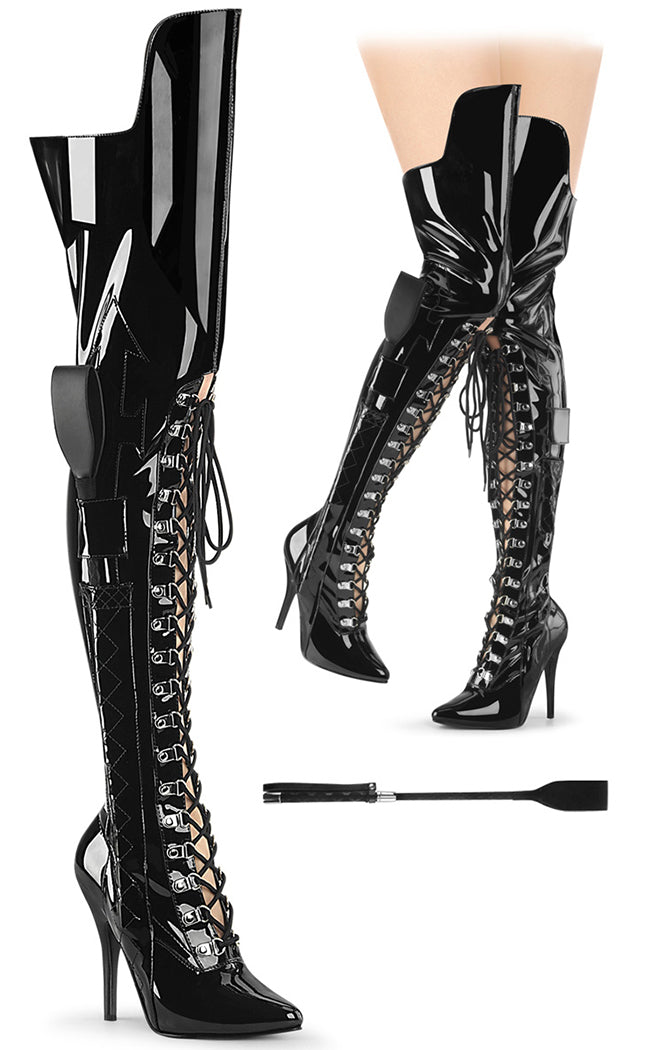 Pleaser SEDUCE-3082 Black Patent Thigh High Boots