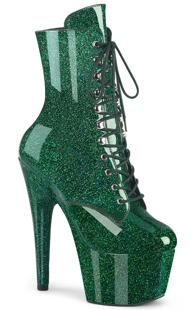 ADORE-1020GP Patent Glitter Emerald Lace-Up Front Ankle Boots