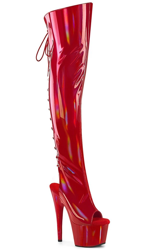 ADORE-3019 Red Holo Lace-Up Knee High Boots w/ Peep Heel & Toe
