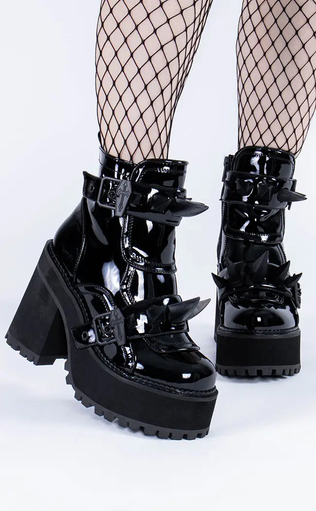 ASSAULT-72 Black Patent Ankle Boots | Gothic Alt Shoes Australia