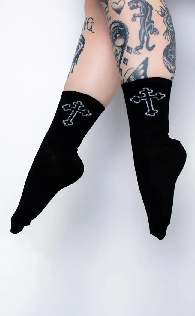 Altar Ego Black Cross Crew Socks | Gothic Socks & Hosiery Australia