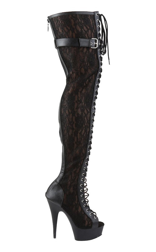 Pleaser DELIGHT-3025ML Black Lace Thigh High Boots