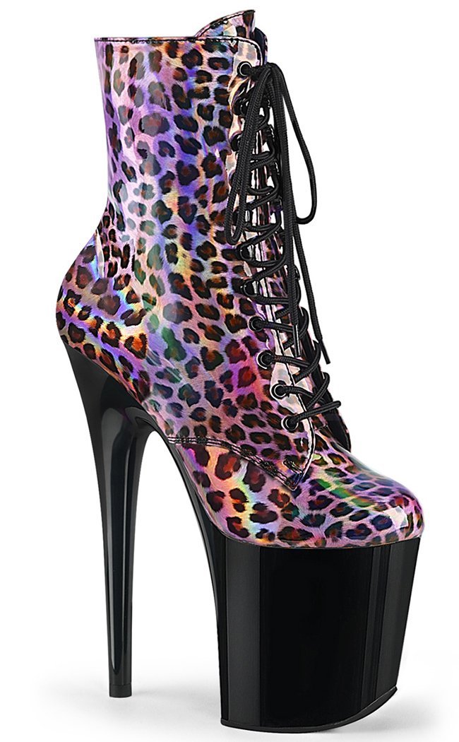 Pleaser FLAMINGO-1020LP Pink Holo Leopard Print Ankle Boots