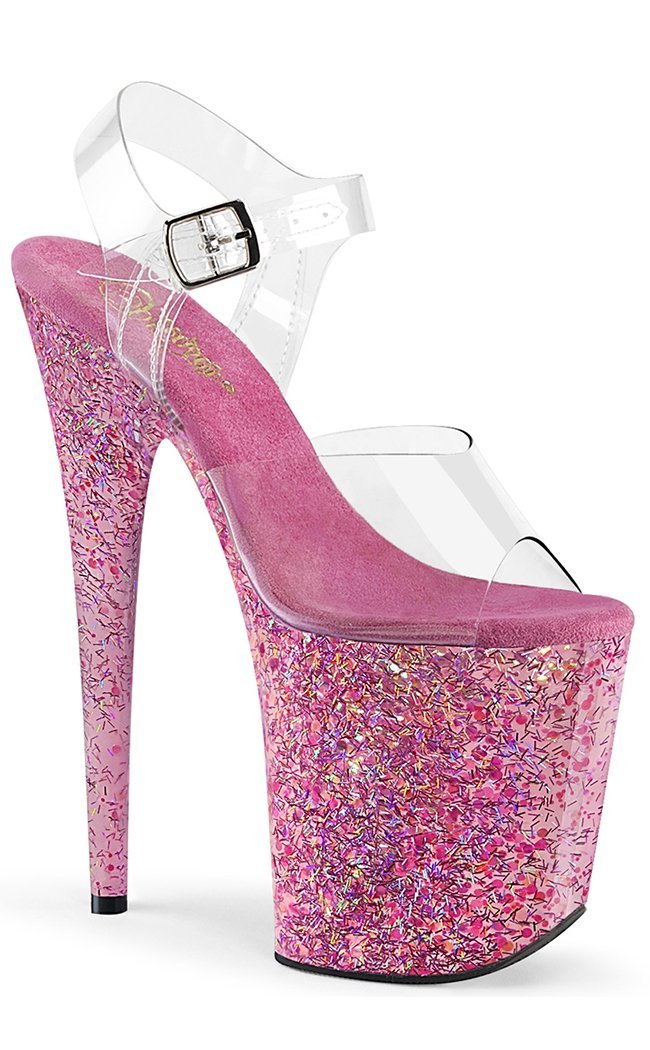 Pleaser FLAMINGO-808CF Clear & Pink Glitter Heels