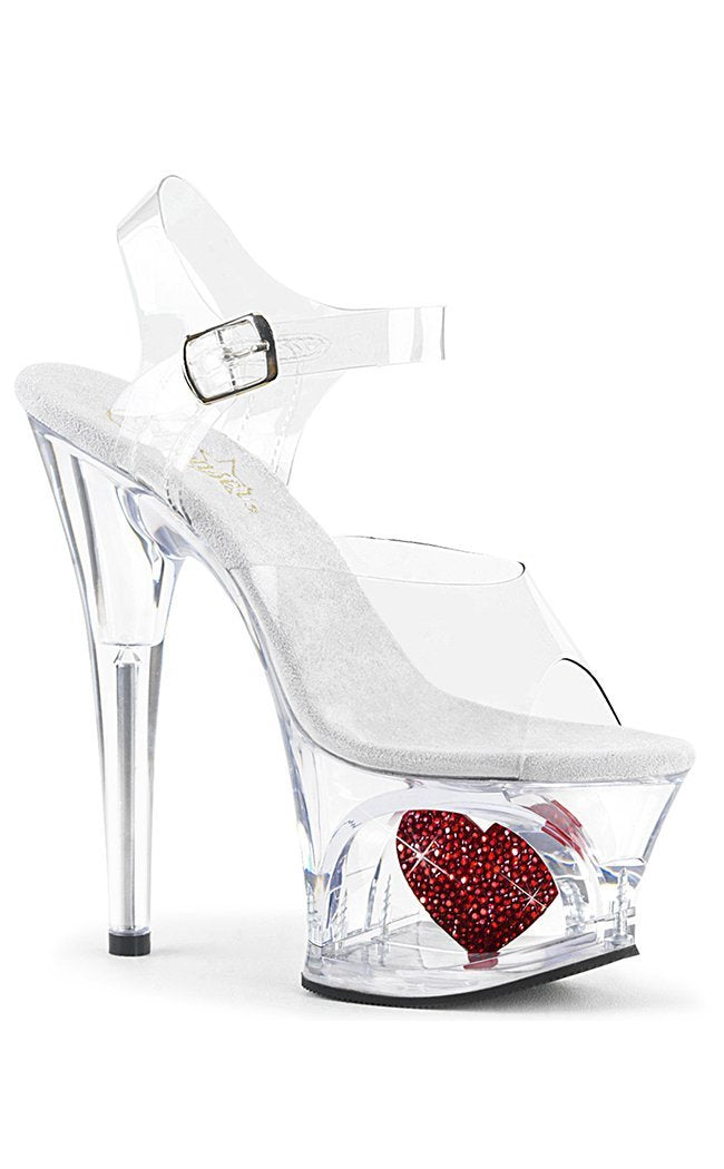 Pleaser MOON-708HRS Clear & Red Heart Platform Heels