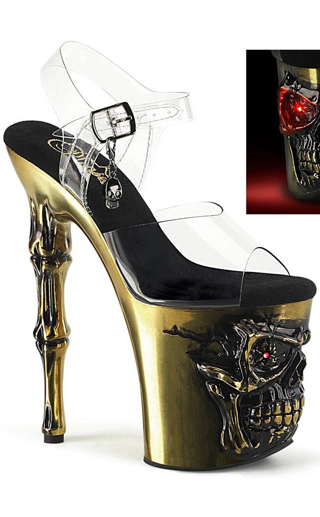 RAPTURE-808 Gold Chrome LED Eyes Skull Platform Heels