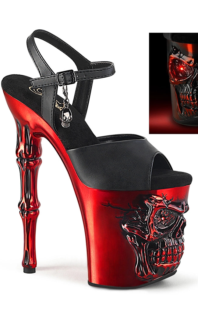 RAPTURE-809-LT Black & Red Chrome Skull Platform Heels w/ LED Eyes