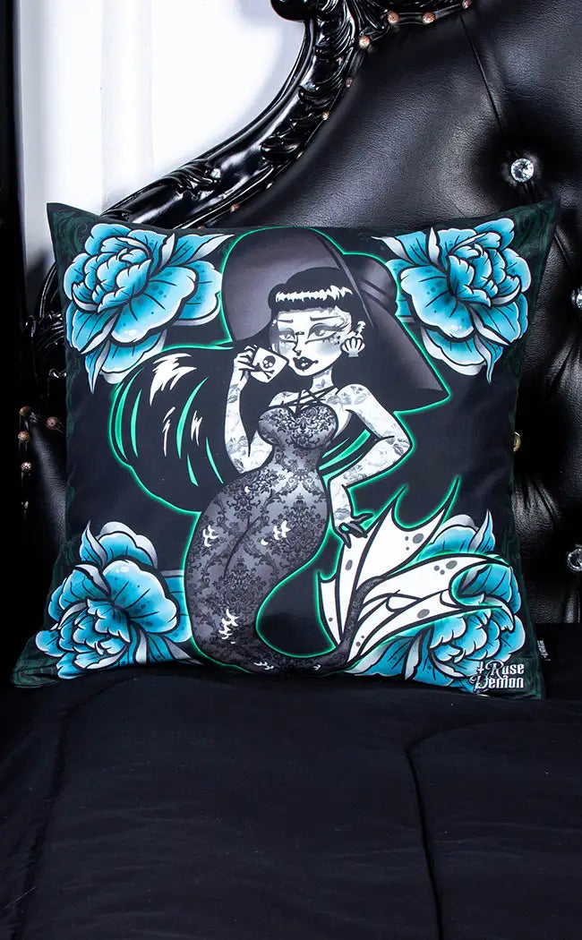Spooky Siren Mermaid Aqua Cushion Cover | Rose Demon | Goth Decor