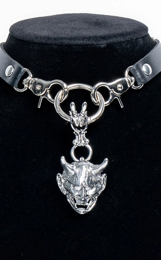 The Trickster Faux Leather Choker with Oni Demon Charm and O Ring