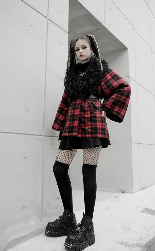 Punk Rave Australia | Deville Plaid Faux Fur Coat | Goth Outerwear