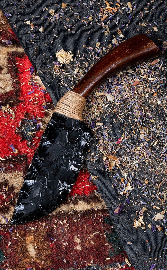 Handcrafted Obsidian Athame with Wooden Handle & Rope