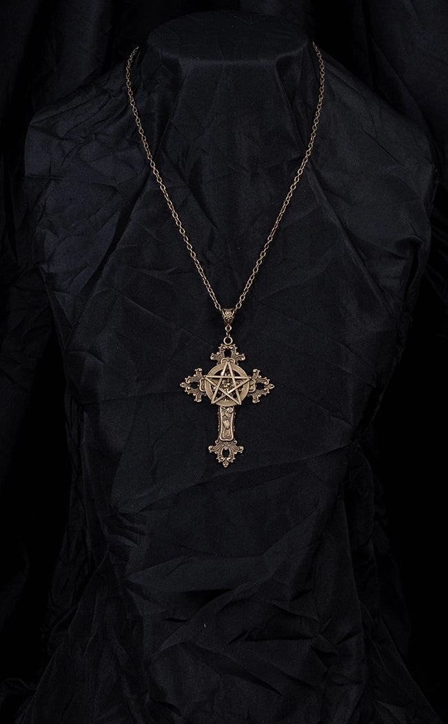 Hellfire Reign Crucifix Necklace | Antique Brass