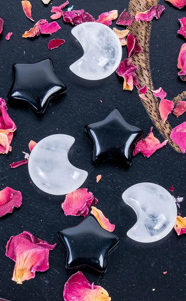 Mini Obsidian Star & Quartz Moon Crystal Set