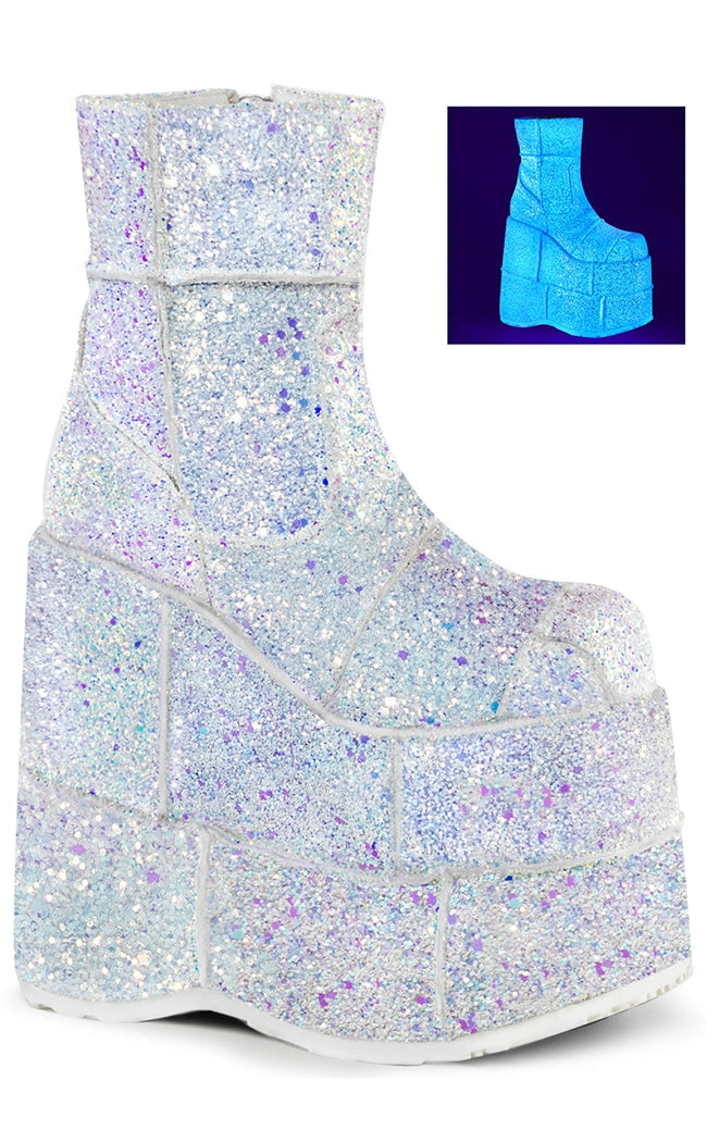 Demonia STACK-201G White Glitter Platform Boots | Festival Shoes Australia