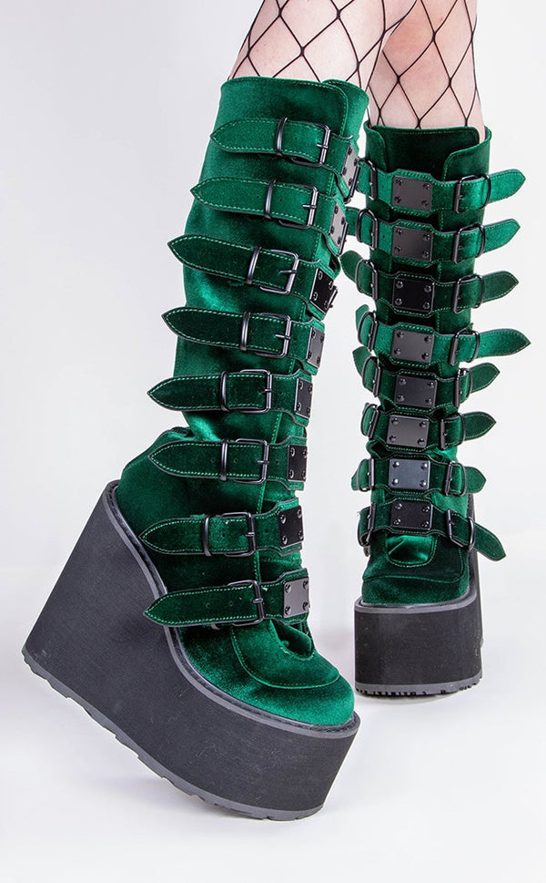 Demonia SWING 815 Green Velvet Knee Boots | Tragic Beautiful Australia