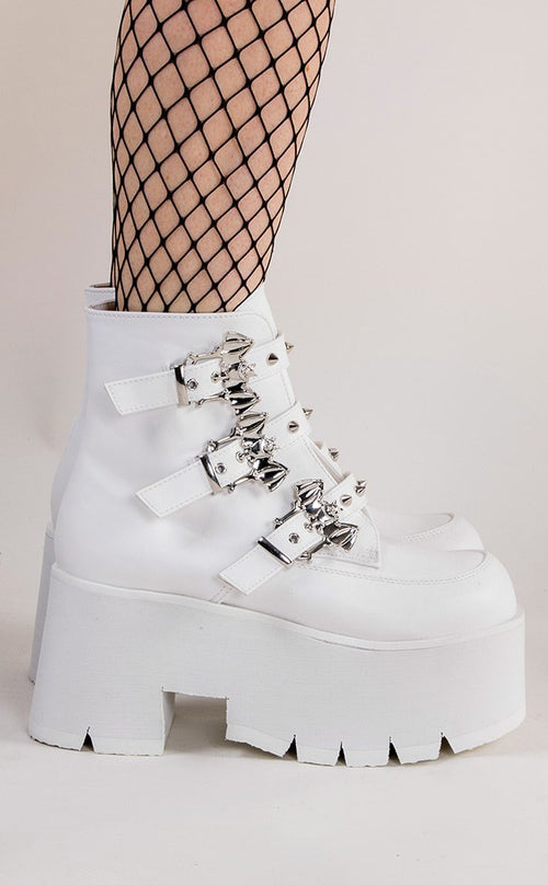 Demonia ASHES-55 White Buckled Platform Boots | Gothic Shoes Australia