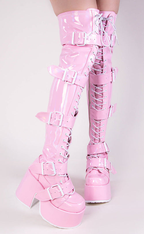 Demonia CAMEL-305 Baby Pink Thigh High Boots | Gothic Shoes Australia