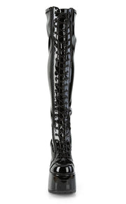 Demonia CAMEL-300 Black Patent Thigh High Boots | Goth Shoes Australia