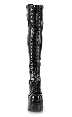 Demonia CAMEL-300 Black Patent Thigh High Boots | Goth Shoes Australia