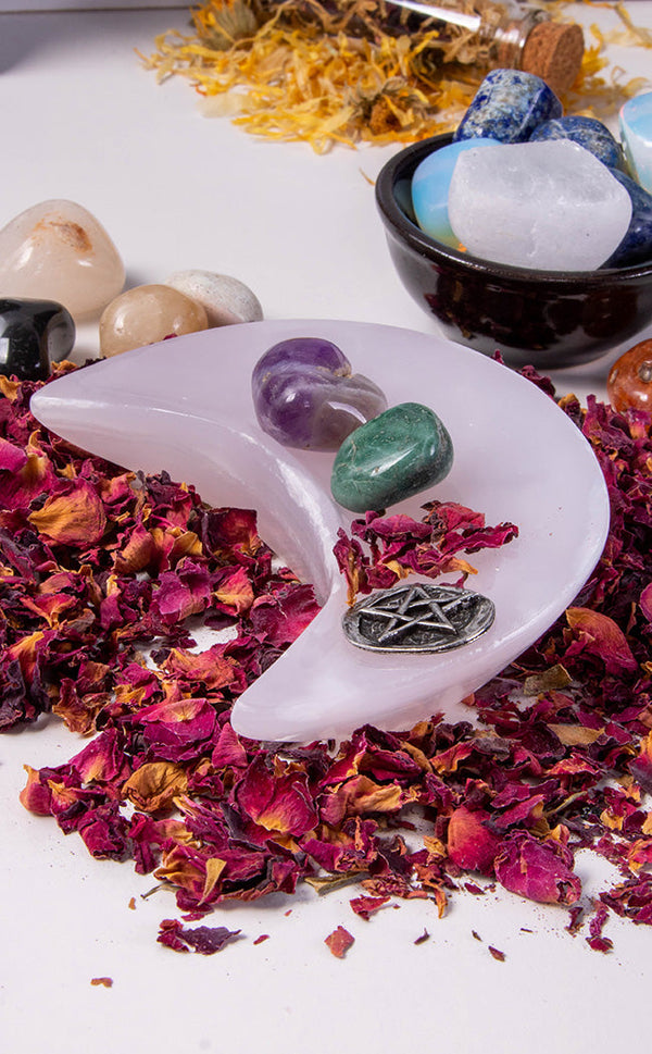Pink Calcite Crescent Moon Plate | Crystals & Witchcraft Australia