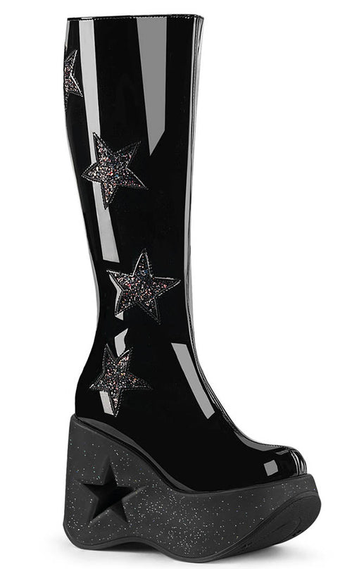 DYNAMITE-218 Black Patent/Glitter Knee High Boots | Demonia Australia