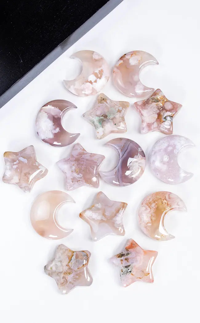 Flower Agate Moon & Star Set | Cherry Blossom Agate | Shop Crystals