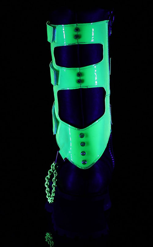 GRAVEDIGGER-255 Black & UV Green Harness Boots | Goth Shoes Australia
