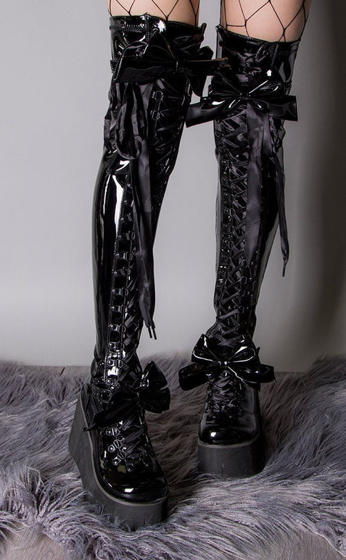 Demonia KERA-303 Black Patent Thigh High Boots | Goth Shoes Australia