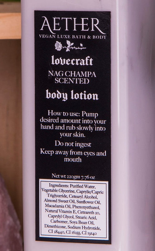 Aether Vegan Bath & Body | Lovecraft Nag Champa Scented Black Body Lotion