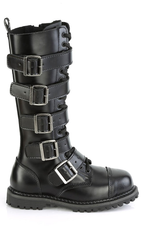 Demonia RIOT-18BK Black Leather Knee High Boots | Punk Shoes Australia
