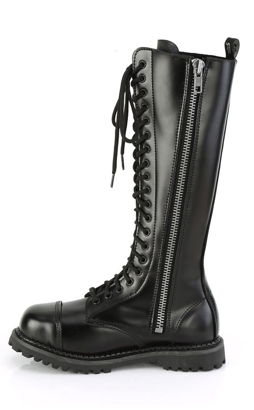 Demonia RIOT-20 Black Leather Knee High Boots | Punk Shoes Australia