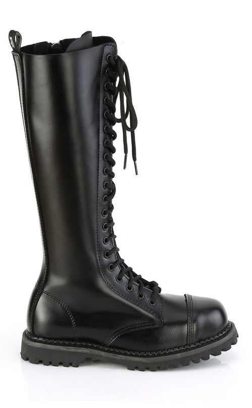 Demonia RIOT-20 Black Leather Knee High Boots | Punk Shoes Australia