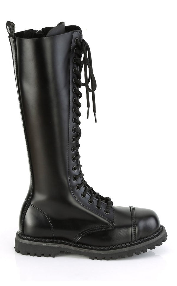 Demonia RIOT-20 Black Leather Knee High Boots | Punk Shoes Australia