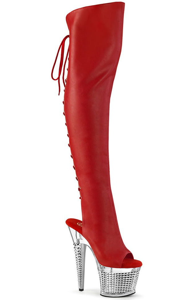 SPECTATOR 3019 Red Thigh High Platform Boots | Pleaser Heels Australia
