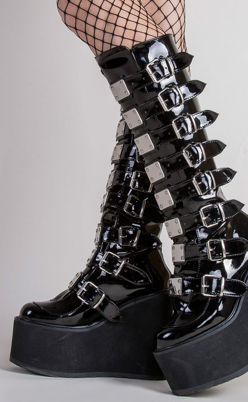 Demonia SWING-815 Black Patent Trinity Boots | Gothic Shoes Australia