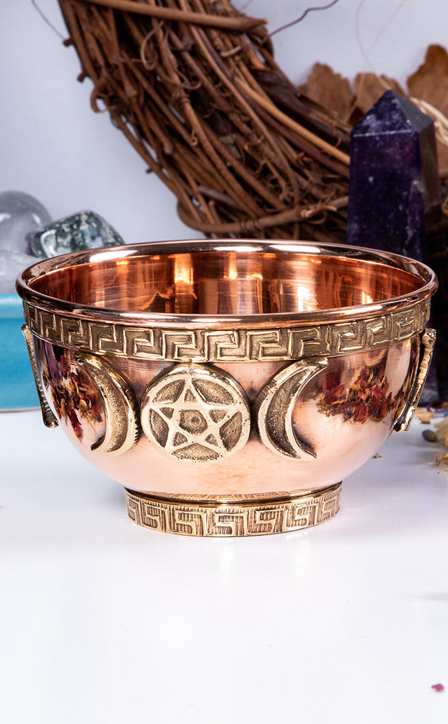 Triple Moon w Pentagram Copper Altar Bowl | Witchcraft Supplies