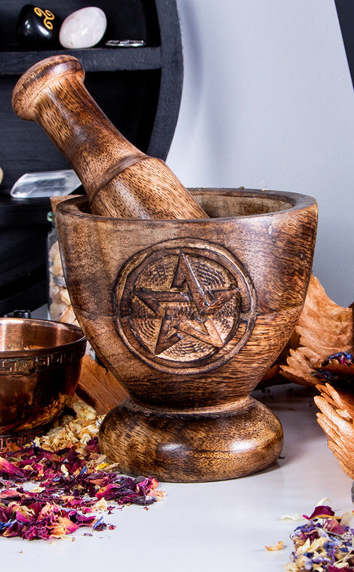 Wooden Pentagram Mortar and Pestle | Witchcraft Tools